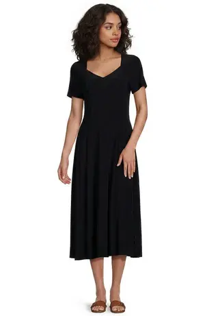 LANDS' END Silky Knit Sweetheart Neckline Midi Dress - Black