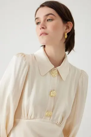 EXQUISE Alivia Midi Dress With Button Detail And Slit - Ecru