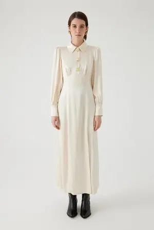 EXQUISE Alivia Midi Dress With Button Detail And Slit - Ecru