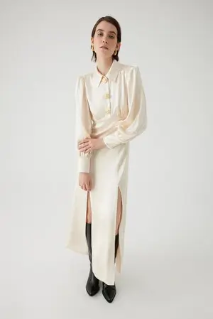 EXQUISE Alivia Midi Dress With Button Detail And Slit - Ecru