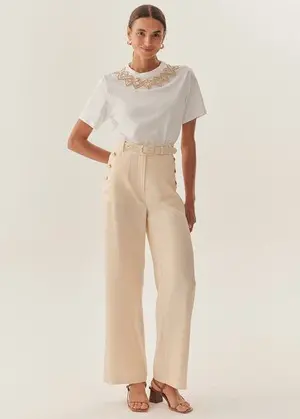 EXQUISE Ember Refined Creased Wide Leg Pants - Ecru