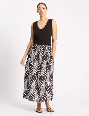 ALBARAY Mono Palm Smocked Waist Maxi Skirt