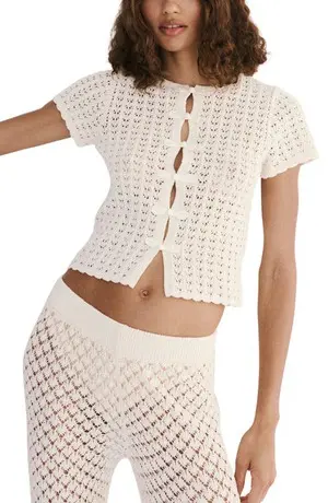 Mango Open Stitch Short Sleeve Cardigan - Ecru