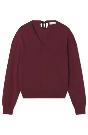 LANVIN V-neck Merino Sweater With Grosgrain Detail - Garnet