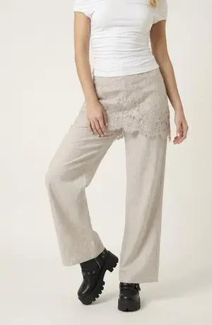 MODENAIRE High Waist Lace Embroidered Straight Pants - Gray