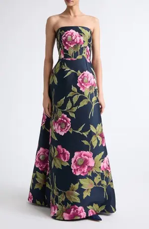 Carolina Herrera Peony Jacquard Strapless Gown - Midnight Multi