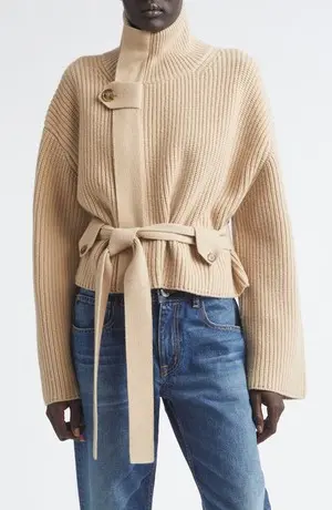 Brandon Maxwell The Neal Belted Cashmere Zip Cardigan - Camel