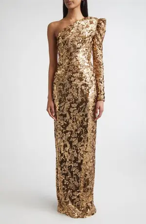 St. John Sabrina Stretch Sequin One Shoulder Long Sleeve Gown - Copper