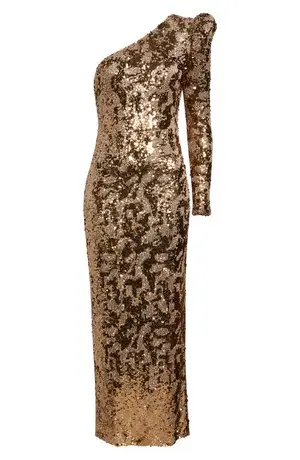 St. John Sabrina Stretch Sequin One Shoulder Long Sleeve Gown