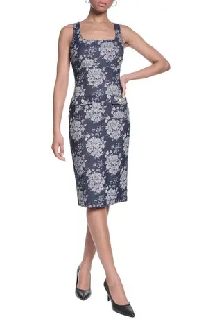 Karl Lagerfeld Paris Floral Stretch Denim Jacquard Sheath Dress - Indigo