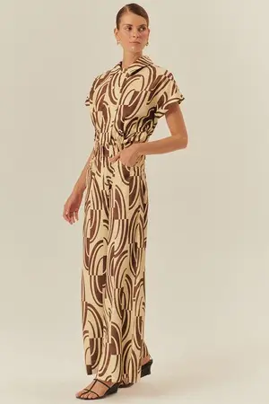 EXQUISE Sara Abstract Print Cotton Wide Leg Pants - Brown