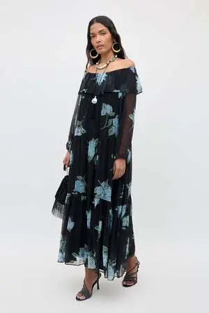 Rixo Lela Peonies Scatter Charcoal Dress - Black