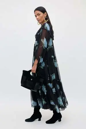 Rixo Lela Peonies Scatter Charcoal Dress