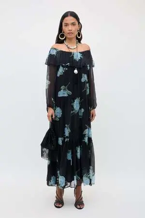 Rixo Lela Peonies Scatter Charcoal Dress