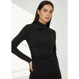 EXQUISE Paola Drape Neck Blouse - Black