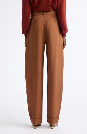 FERRAGAMO Belted Pleated Barrel Leg Virgin Wool Trousers