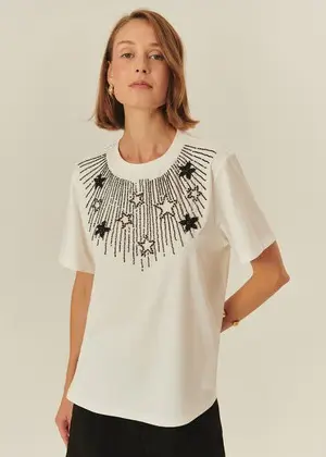 EXQUISE Alanna Embroidered Tshirt - Bone