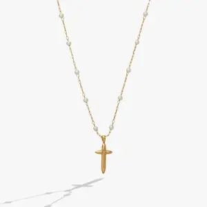 ALEX AND ANI Plated Cross Pendant Necklace With Pearls
