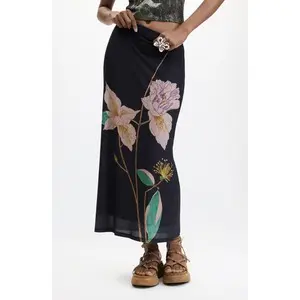 Desigual Floral Print Jersey Maxi Skirt - Black