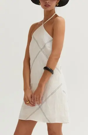 CRESCENT Contrast Stitch Halter Linen Mini Dress - White
