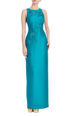 Badgley Mischka Beaded Floral Appliqué Mikado Sheath Gown - Teal