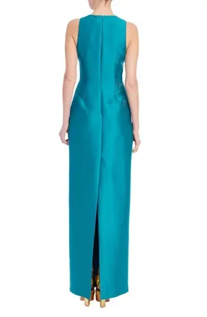 Badgley Mischka Beaded Floral Appliqué Mikado Sheath Gown