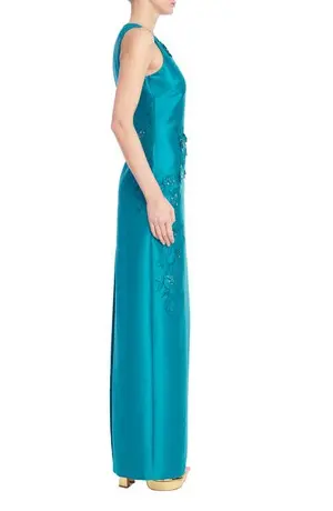 Badgley Mischka Beaded Floral Appliqué Mikado Sheath Gown