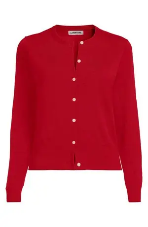 LANDS' END Fine Gauge Cotton Crew Neck Cardigan Sweater - Compass Red
