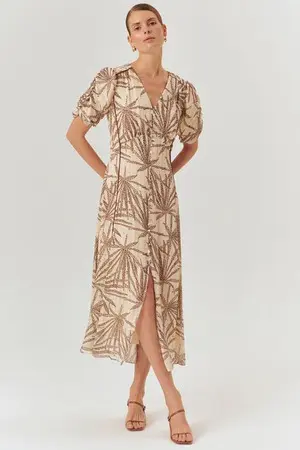 EXQUISE Adaline Midi Dress With V-neck And Short Sleeves - Brown-beige