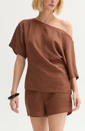 CRESCENT Asymmetrical One Shoulder Linen Blend Top