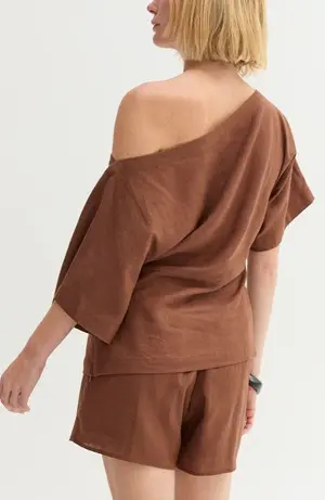 CRESCENT Asymmetrical One Shoulder Linen Blend Top