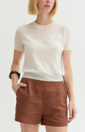 CRESCENT Short Sleeve Sheer Knit Top - Ivory