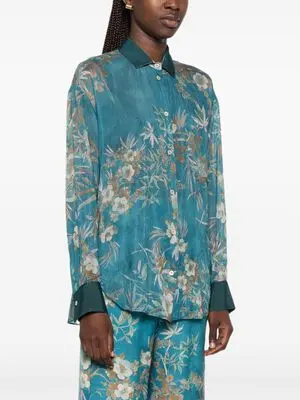 FORTE_FORTE Jade Green Floral Print Cotton And Silk Shirt - Multicolor