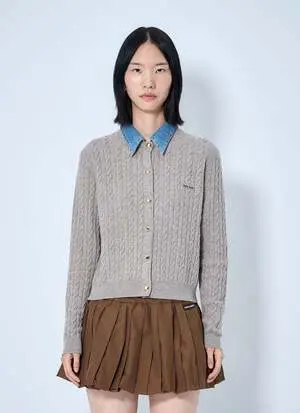 Miu Miu Cable Knit Cardigan With Denim Collar - Cream