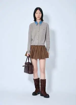 Miu Miu Cable Knit Cardigan With Denim Collar - Cream