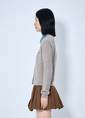 Miu Miu Cable Knit Cardigan With Denim Collar - Cream