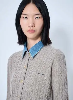 Miu Miu Cable Knit Cardigan With Denim Collar - Cream