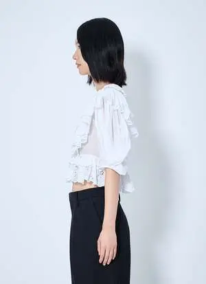 Chloé Cropped V-neck Puff Sleeve Eyelet Blouse - White