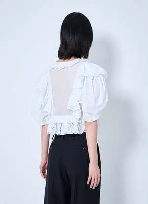 Chloé Cropped V-neck Puff Sleeve Eyelet Blouse - White