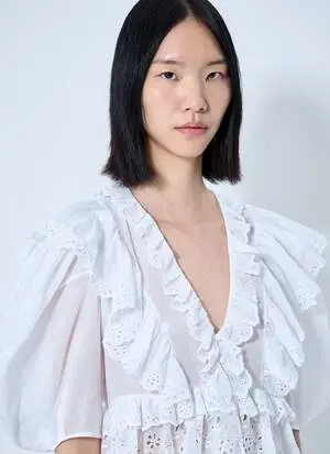 Chloé Cropped V-neck Puff Sleeve Eyelet Blouse - White