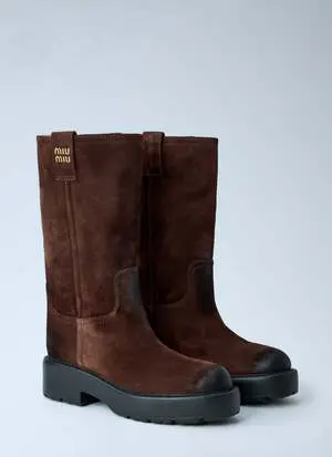 Miu Miu Suede Round-toe Boots With Contrast Rubber Sole - Brown