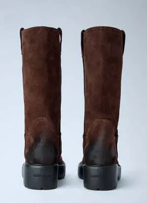 Miu Miu Suede Round-toe Boots With Contrast Rubber Sole - Brown
