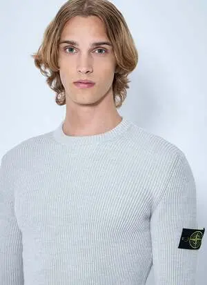 Stone Island Ribbed Crewneck Sweater With Logo Patch - Gray