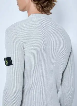 Stone Island Ribbed Crewneck Sweater With Logo Patch - Gray