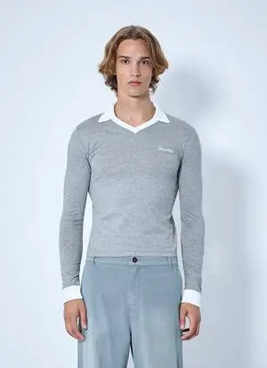 Miu Miu Long Sleeve Knit Sweater With Contrast Collar And Cuffs - Gray