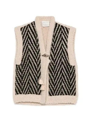 FORTE_FORTE Sleeveless Chevron Vest With Tassel Fastening - Multicolor