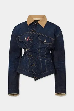 Dsquared2 Wrap Oversized Denim Trucker Jacket With Wool Lining And Corduroy Collar