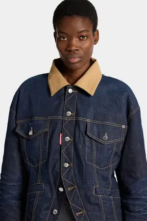 Dsquared2 Wrap Oversized Denim Trucker Jacket With Wool Lining And Corduroy Collar