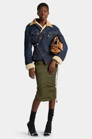 Dsquared2 Wrap Oversized Denim Trucker Jacket With Wool Lining And Corduroy Collar