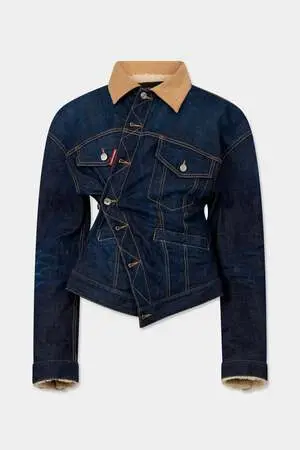 Dsquared2 Wrap Oversized Denim Trucker Jacket With Wool Lining And Corduroy Collar